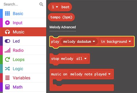 The Music Menu Open With The Play Melody Dadadum Block Highlighted