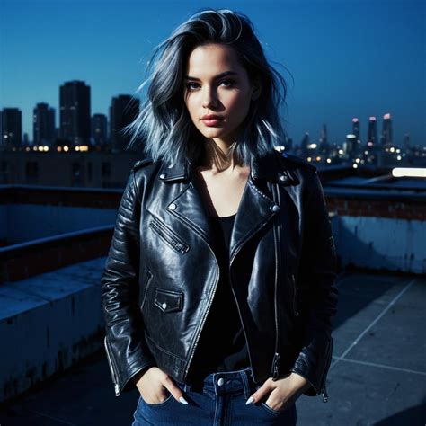 Young Woman With Silver Blue Hair Wearing Leather Jacket On Urban