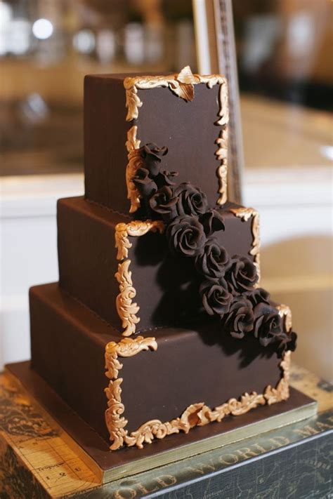 Elegant Chocolate Wedding Cakes With Floral Border