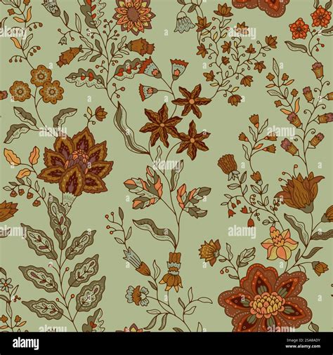 Seamless Retro Inspired Floral Pattern With Muted Tones And Detailed Botanical Art Ideal Vector