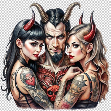Premium Psd Tattoo Sketch Art Demon With Two Goth Girls