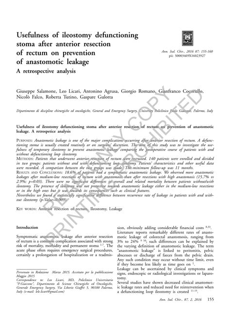 Pdf Usefulness Of Ileostomy Defunctioning Stoma After Anterior Resection Of Rectum On