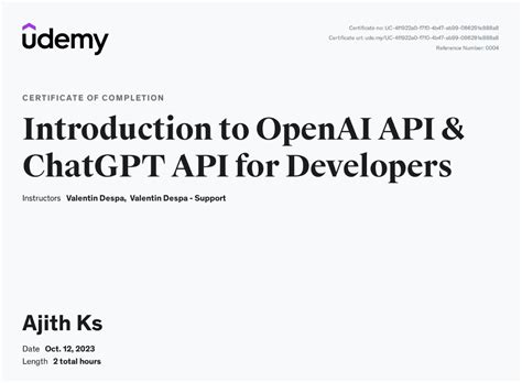 completed openai api course on udemy ajith ks posted on the topic