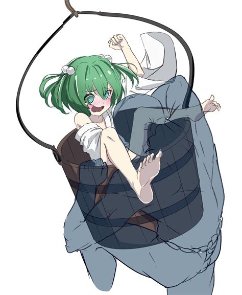 Safebooru 1boy 1girl Arm Up Bare Shoulders Barefoot Blush Bucket