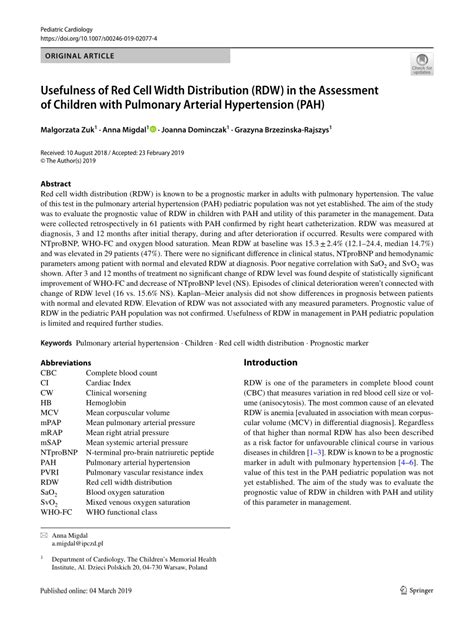 Pdf Usefulness Of Red Cell Width Distribution Rdw In The Assessment
