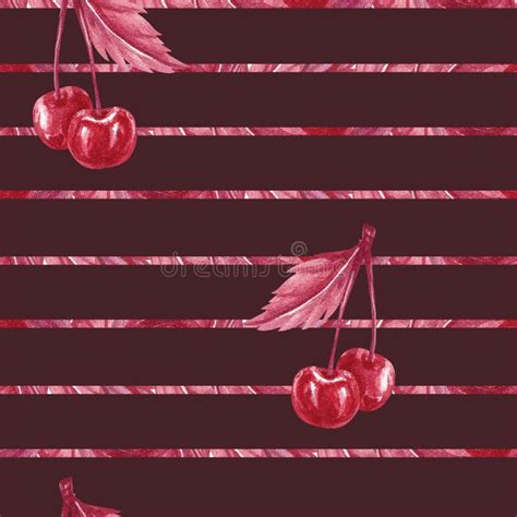 Seamless Pattern Cherry Sprig With Textured Red Lines Cherries Branches Stock Image Image Of