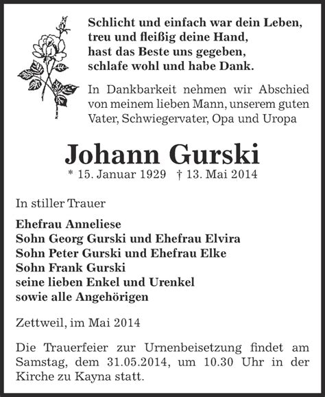 Traueranzeigen Von Johann Gurski Abschied Nehmende