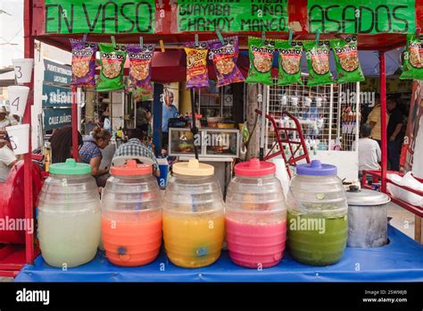 Food Stand With Colorful Aguas Frescas Nuevo Progreso Mexico Stock