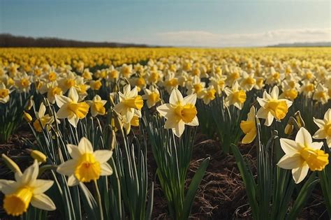 Premium Photo Daffodil Field Stretching To The Horizon A Sea Of