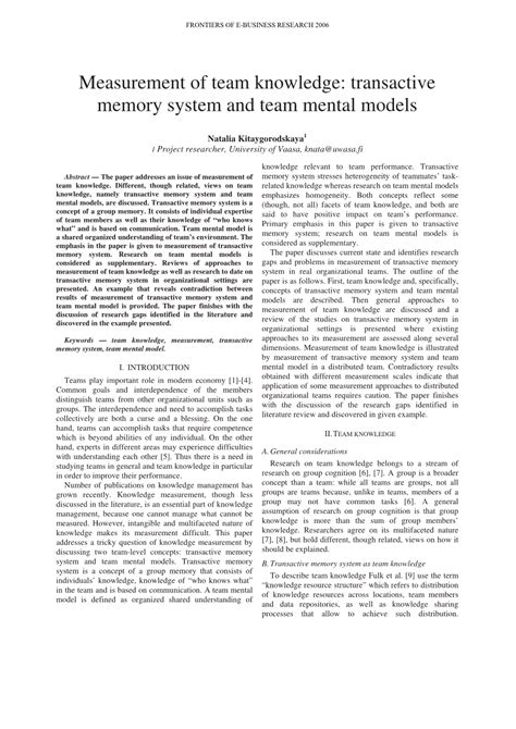 measurement of team knowledge transactive memory system and team
