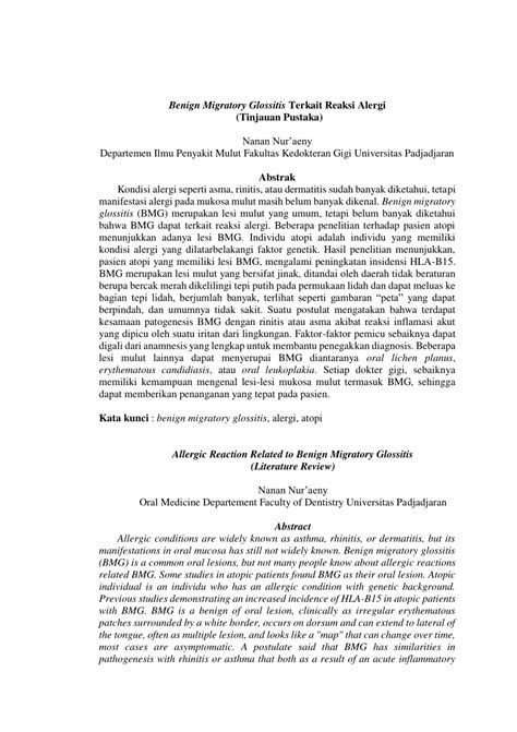 Pdf Benign Migratory Glossitis Terkait Reaksi Alergi Tinjauan Pustaka