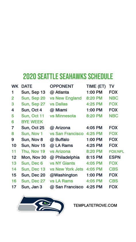 Seahawk Schedule Printable
