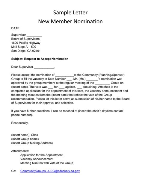 Template For Nomination Letter