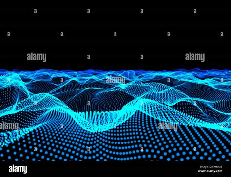 Three Dimensional Illuminated Abstract Digital Wave Of Glowing Particles And Wireframe Hud