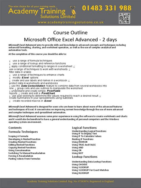course outline microsoft office excel advanced 2 days logical
