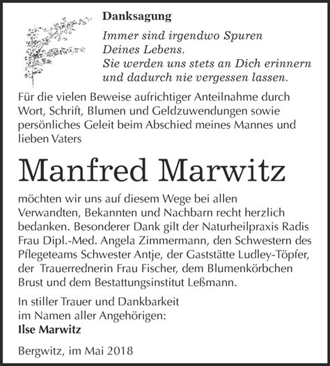 Traueranzeigen Von Manfred Marwitz Abschied Nehmen De