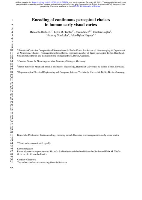 Pdf Encoding Of Continuous Perceptual Choices In Human Early Visual Cortex