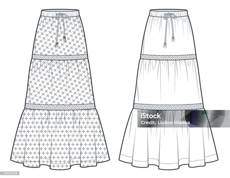 Tiered Maxi Skirt 테크니컬 패션 일러스트레이션 자수 디자인 보헤미안 스커트 패션 플랫 기술 도면 템플릿 탄성 허리
