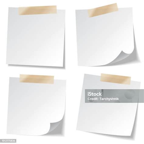 스티커 종이 테이프와 그림자 흰색 배경에 고립 된 참고 빈 설정 핀으로 고정하기에 대한 스톡 벡터 아트 및 기타 이미지 핀으로 고정하기 노트 종이 Istock