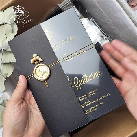 Convite De Casamento Preto Com Dourado Acetato Convites Deluxe