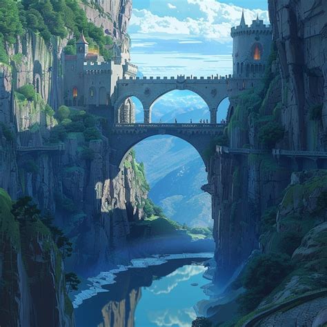 A Fantasy Landscape With Castle Bridges Cliffs And Puddles In A Bright