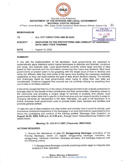 Memo Prototyping And Conduct Of Brgy Data Analytics Training Aug 24 25