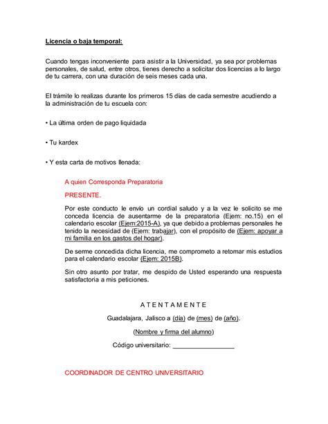 Licencia O Baja Temporal Docx Undergraduate Education College