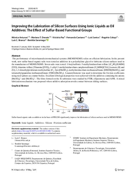 Pdf Improving The Lubrication Of Silicon Surfaces Using Ionic Liquids