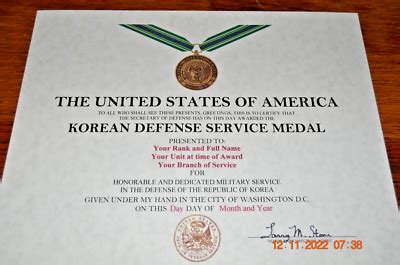 Korean Defense Service Medal Certificate Army Navy Air Force Marines