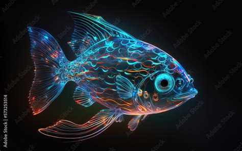 Translucent Fish With Neon Glowing On Dark Undersea Background