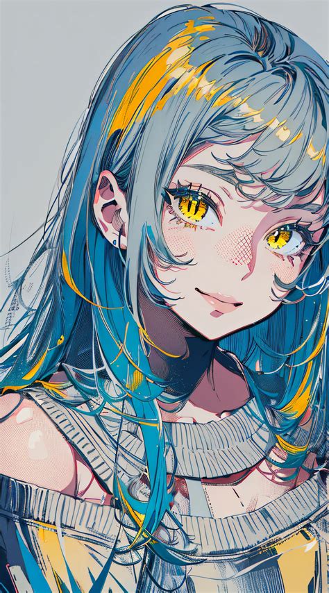 Anime Girl With Blue Hair And Yellow Eyes In A Blue Dress Seaart Ai