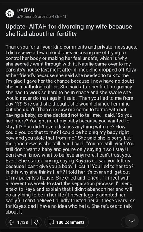Not Oop Update Aitah For Divorcing My Wife Because She Lied About Her