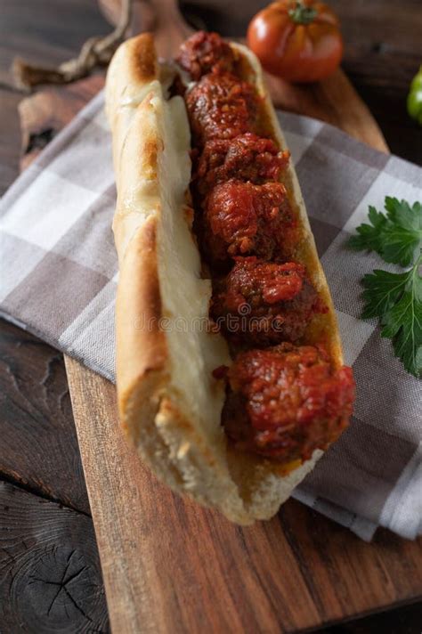 Italian Meatball Sandwich With Tomato Sauce And Mozzarella Cheese On