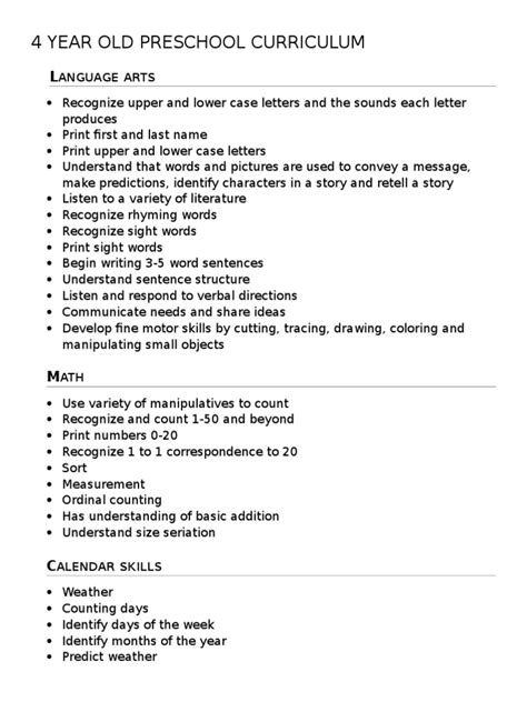 4 Year Old Preschool Curriculum Guide Pdf
