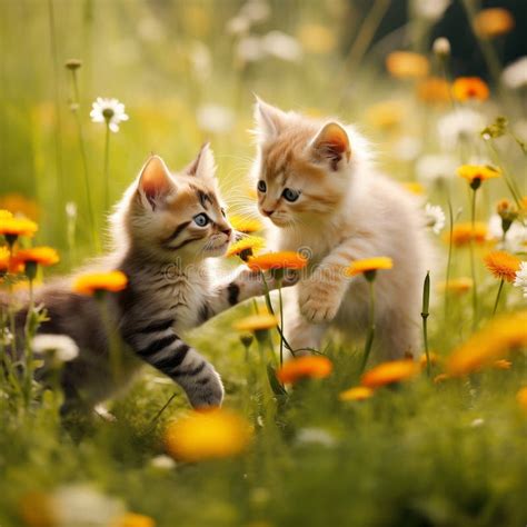 Cute Kittens Are Playing In The Garden Stock Illustration