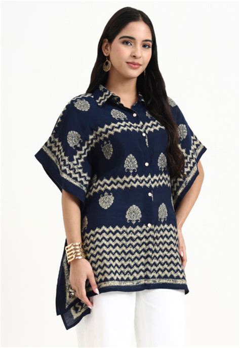 Buy Digital Printed Pure Cotton Tunic In Navy Blue Online Txr1509