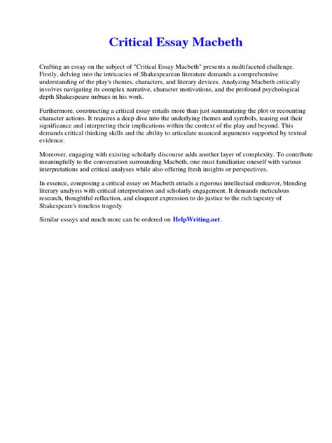 Critical Essay Macbeth Pdf Equity Finance Balance Sheet
