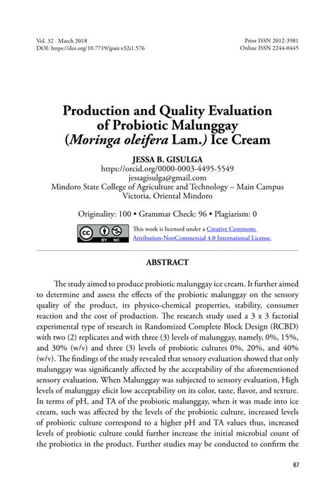 Pdf Production And Quality Evaluation Of Probiotic Malunggay Moringa Oleifera Lam Ice Cream