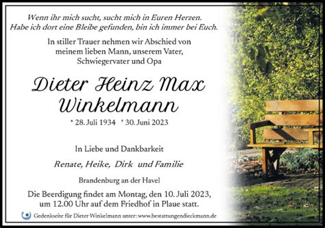 Traueranzeigen Von Dieter Heinz Max Winkelmann Märkische Onlinezeitung Trauerportal