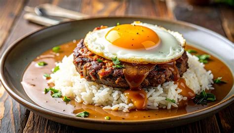 Close Up Of Hawaiian Loco Moco With Fried Egg And Savory Gravy On White