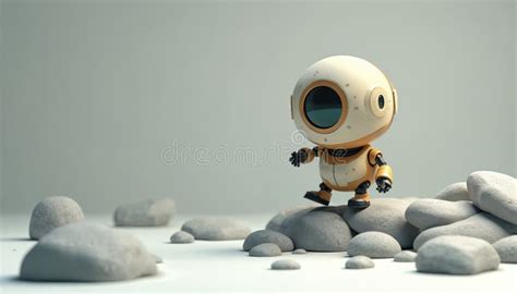 Illustration Of Cute Robot Navigating Rocky Terrain Light Gray Background Ai Bot Walks On