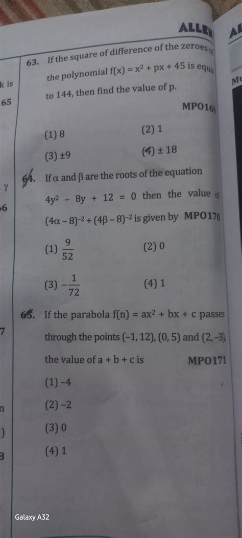 If The Square Of Difference Of The Zeroes The Polynomial F X X