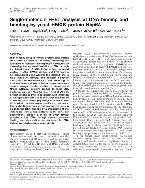 Pdf Single Molecule Fret Analysis Of Dna Binding And Bending By Yeast