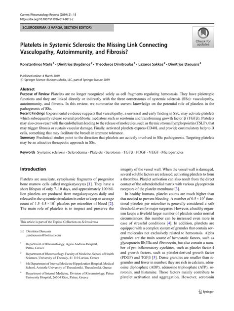 Platelets In Systemic Sclerosis The Missing Link Connecting Vasculopathy Autoimmunity And