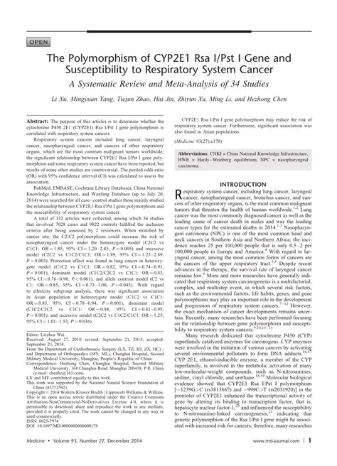 Pdf The Polymorphism Of Cyp2e1 Rsa I Pst I Gene And Susceptibility To Respiratory System