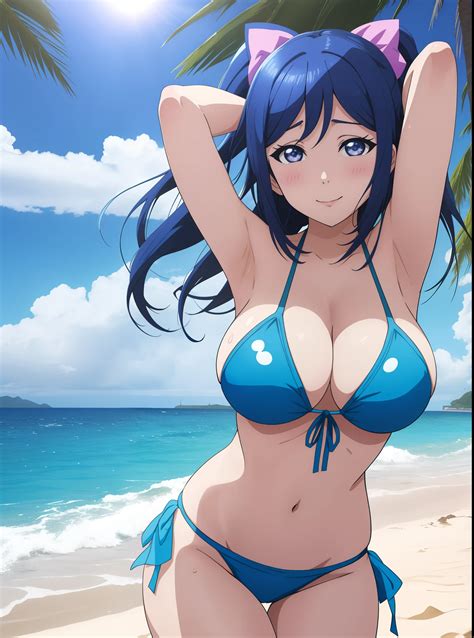 Matsuura Kanan Anime Girl In A Bikini With Blue Hair And A Blue Bow