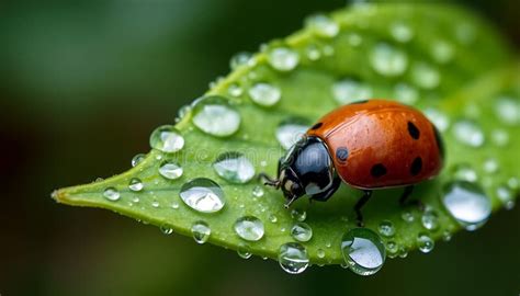 Ladybug Leaf Dew Drops Insect Macro Nature Close Up And Tiny