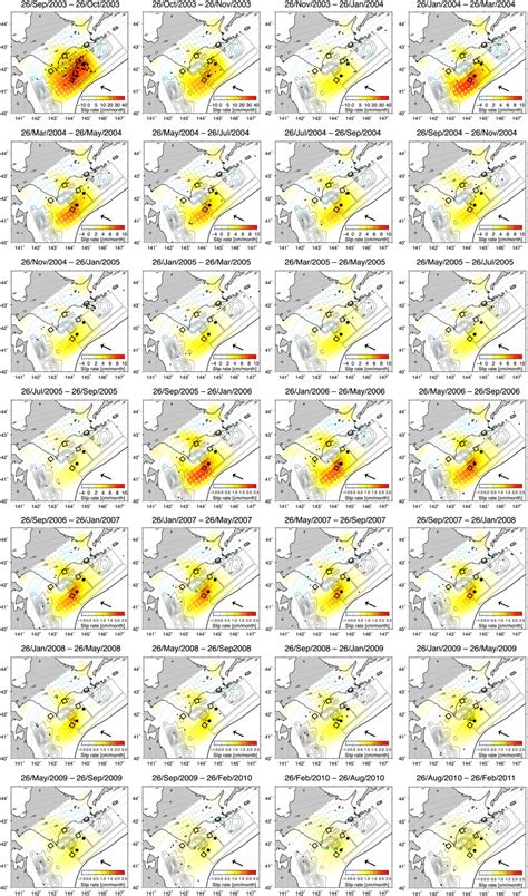 Spatiotemporal Evolution Of Postseismic Slip Rate With 28 Time Steps Download Scientific