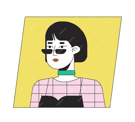 밥 헤어스타일과 선글라스 플랫 컬러 만화 아바타 아이콘을 가진 아시아 여성 편집 가능한 2d 사용자 초상화 선형 그림 격리된