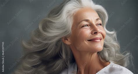 Portrait Of A Beautiful Mature Woman With Long White Hair She Poses